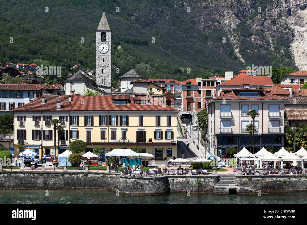 Baveno Lakefront and belltower Stock Photo - Alamy