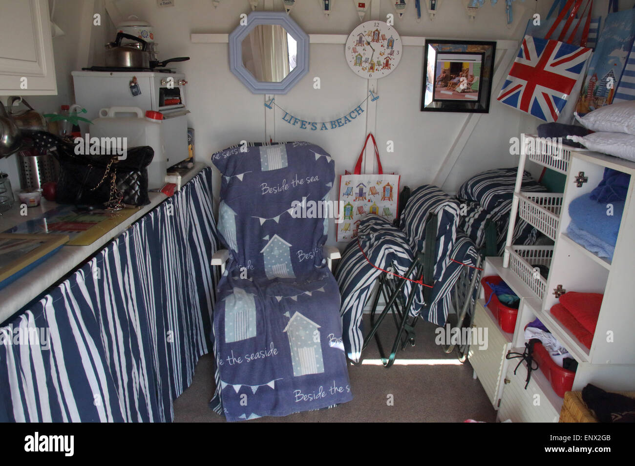 inside a beach huts at dawlish on the south devon coast Stock Photo - Alamy