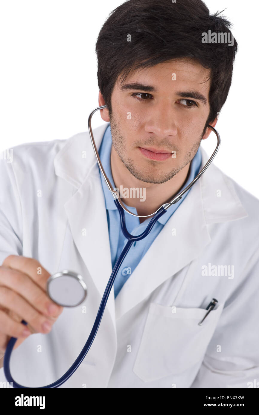 Thoughtful male doctor student with stethoscope Stock Photo - Alamy