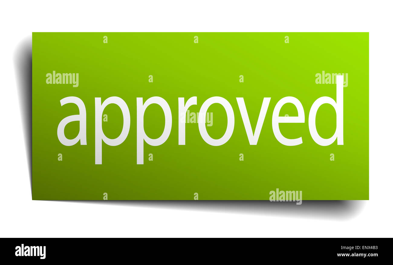 approved green paper sign on white background Stock Photo - Alamy