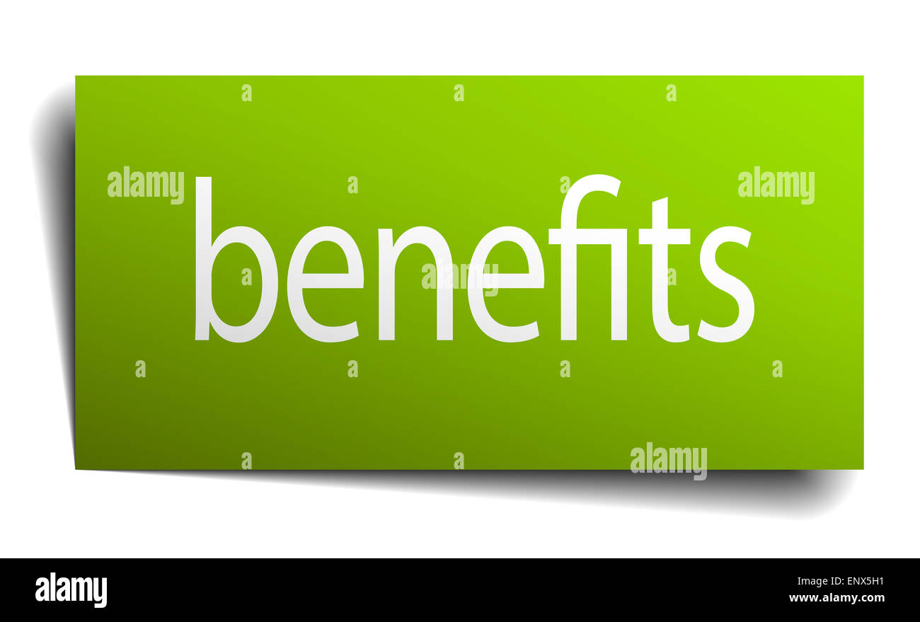 benefits green paper sign on white background Stock Photo - Alamy