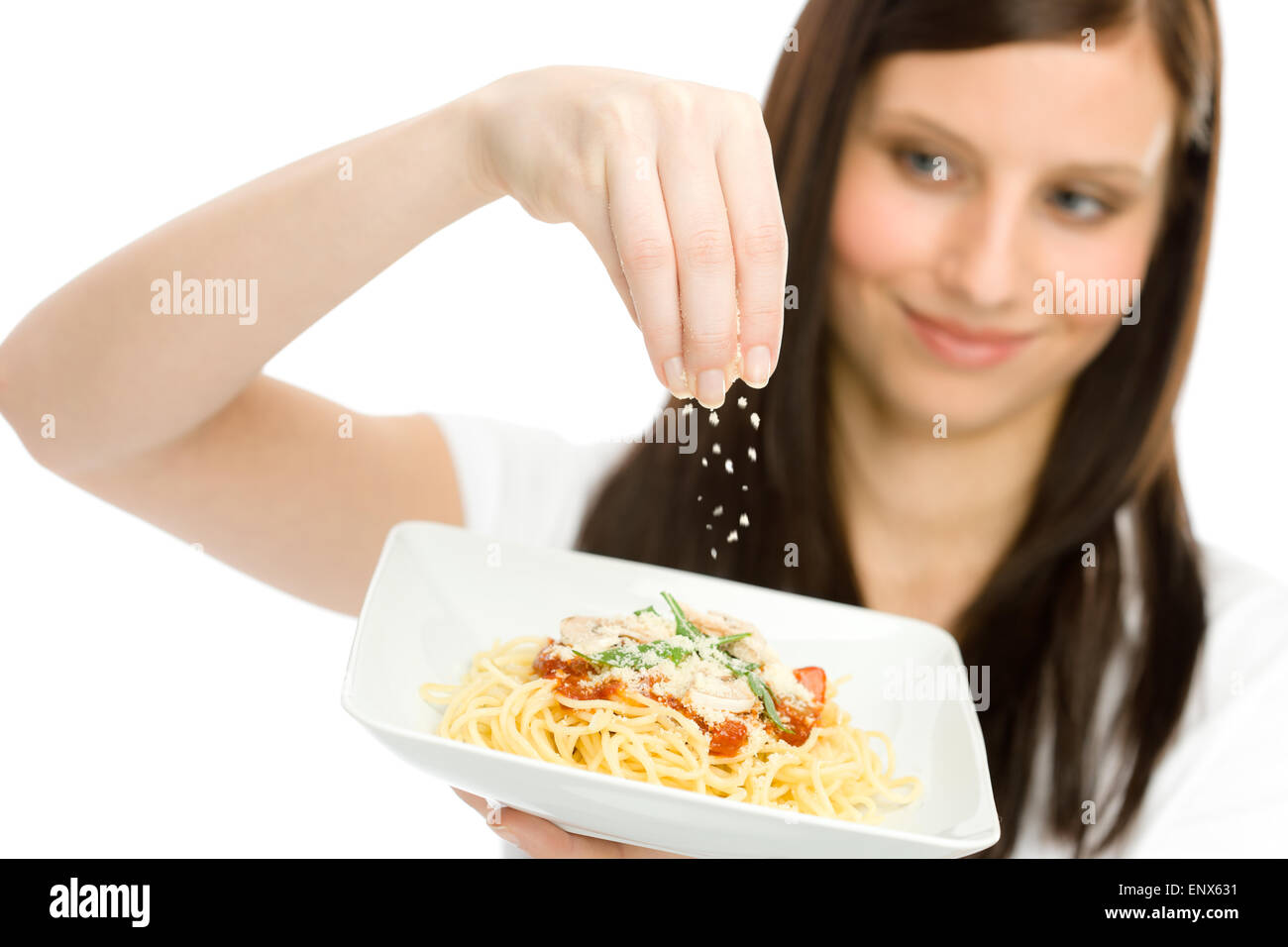 Italian food - woman spaghetti grated cheese sauce Stock Photo - Alamy