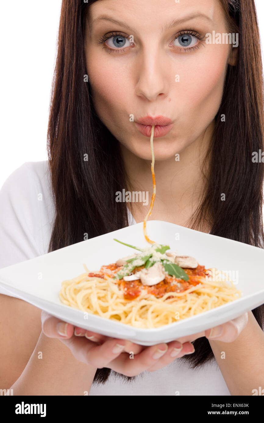 Italian food - portrait woman eat spaghetti sauce Stock Photo - Alamy