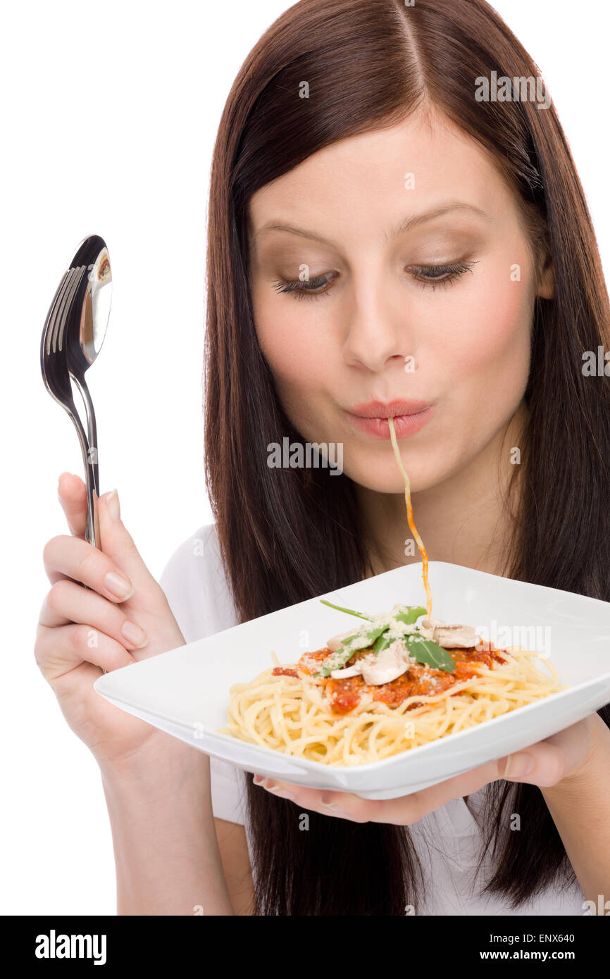 Italian food - portrait woman eat spaghetti sauce Stock Photo - Alamy