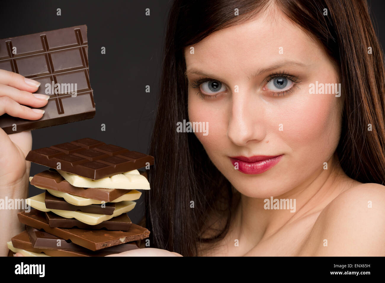 Chocolate - portrait healthy woman enjoy sweets Stock Photo - Alamy