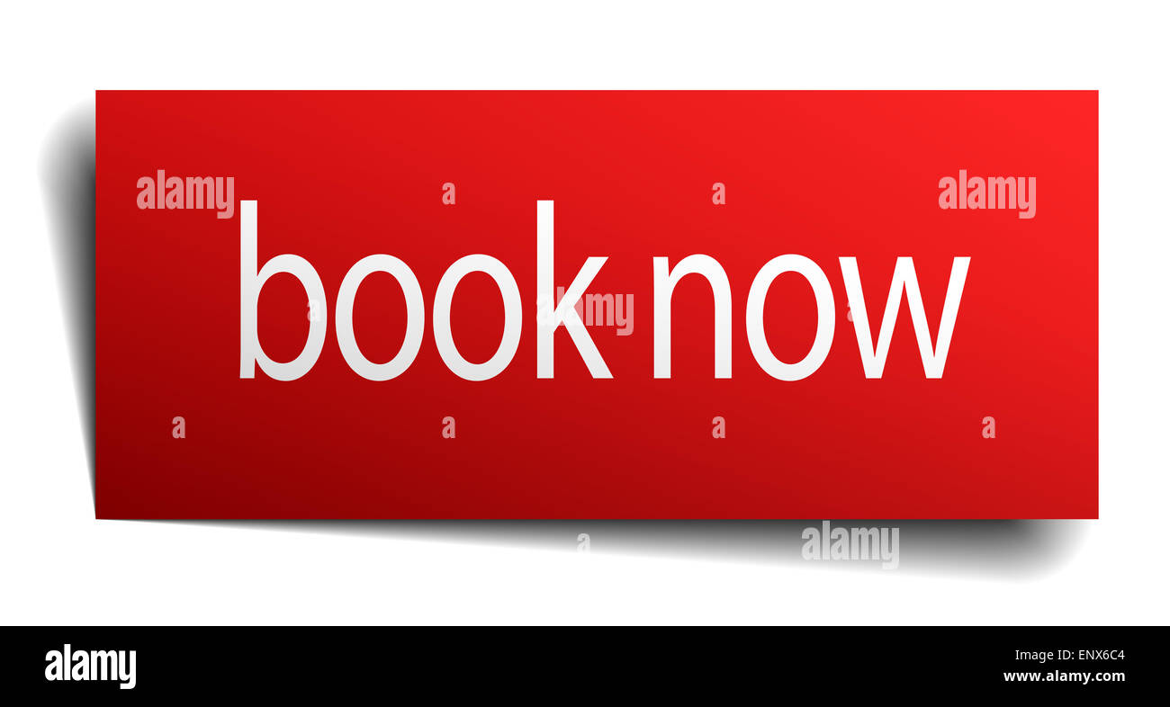book now red paper sign isolated on white Stock Photo - Alamy