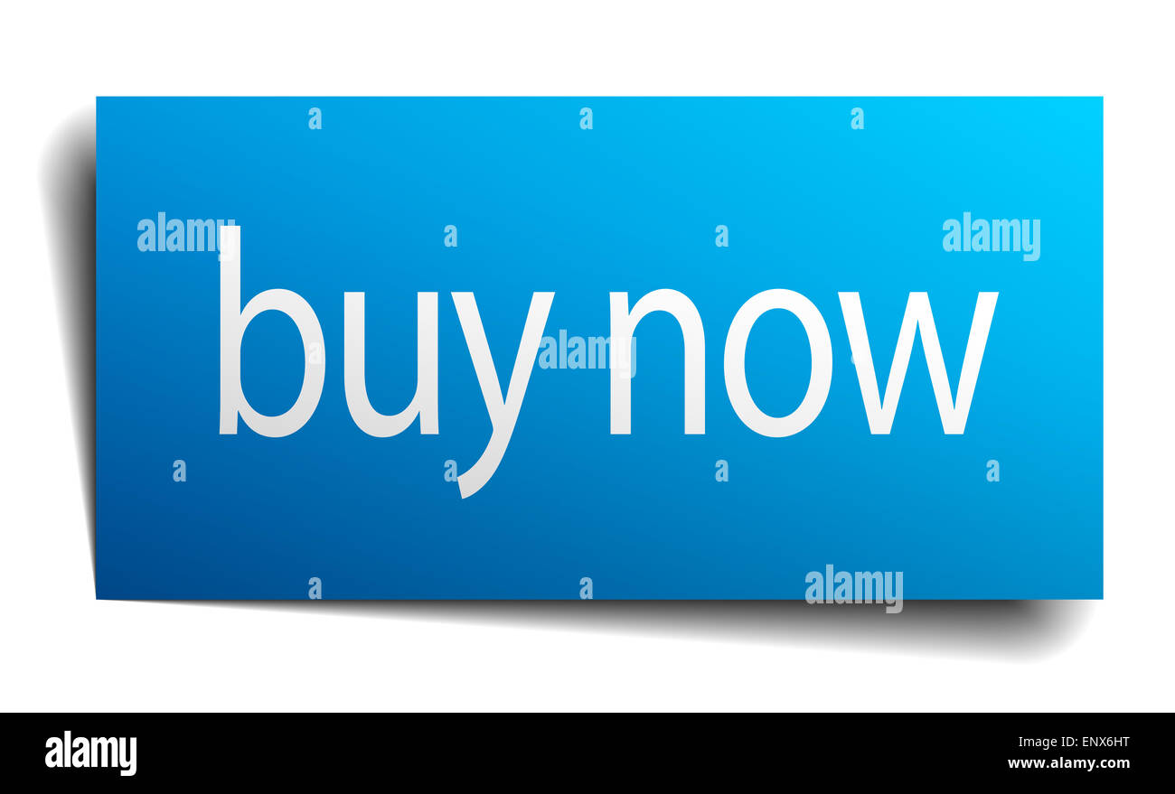 buy now blue square isolated paper sign on white Stock Photo - Alamy
