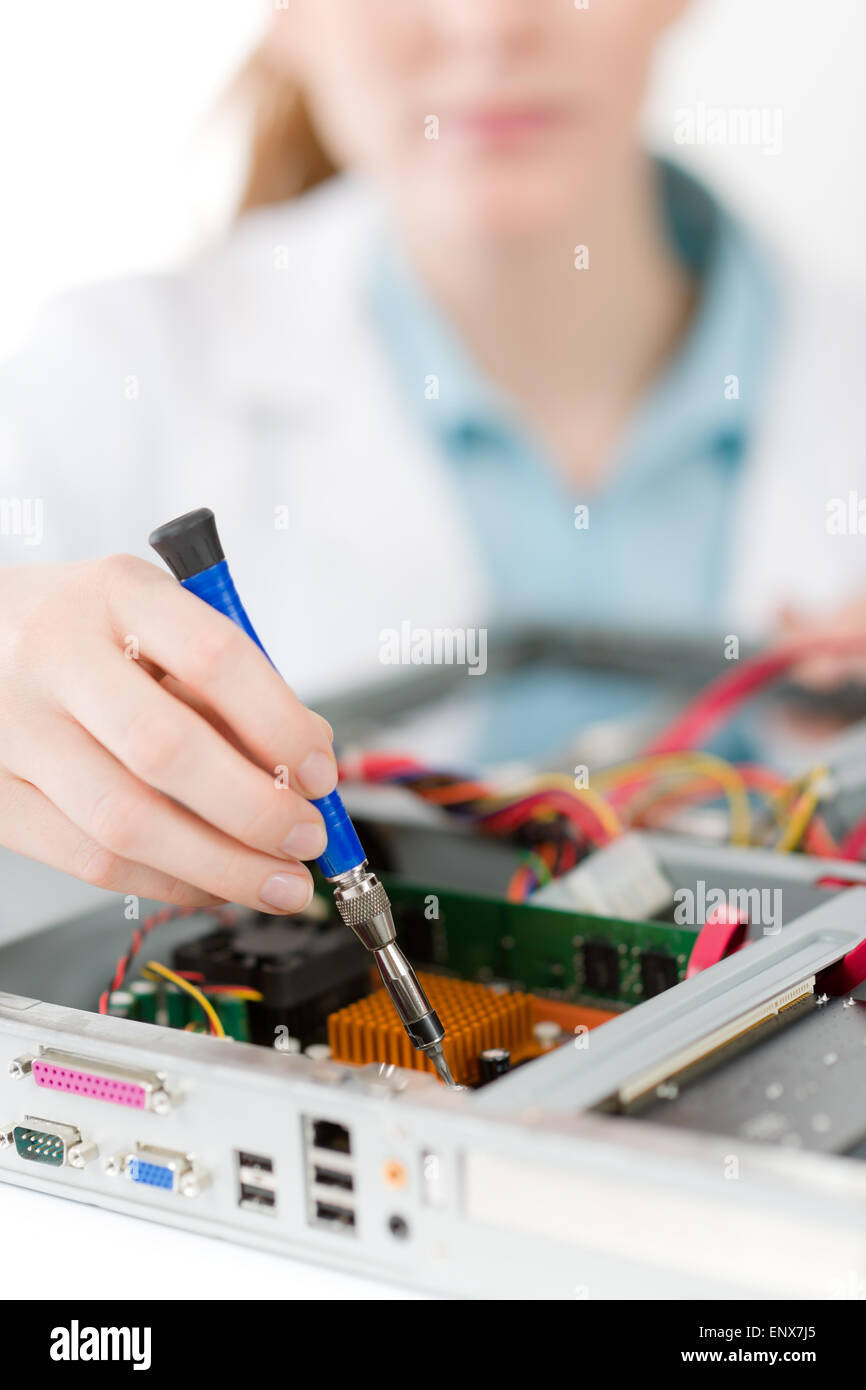 Female support computer engineer - woman repair Stock Photo - Alamy