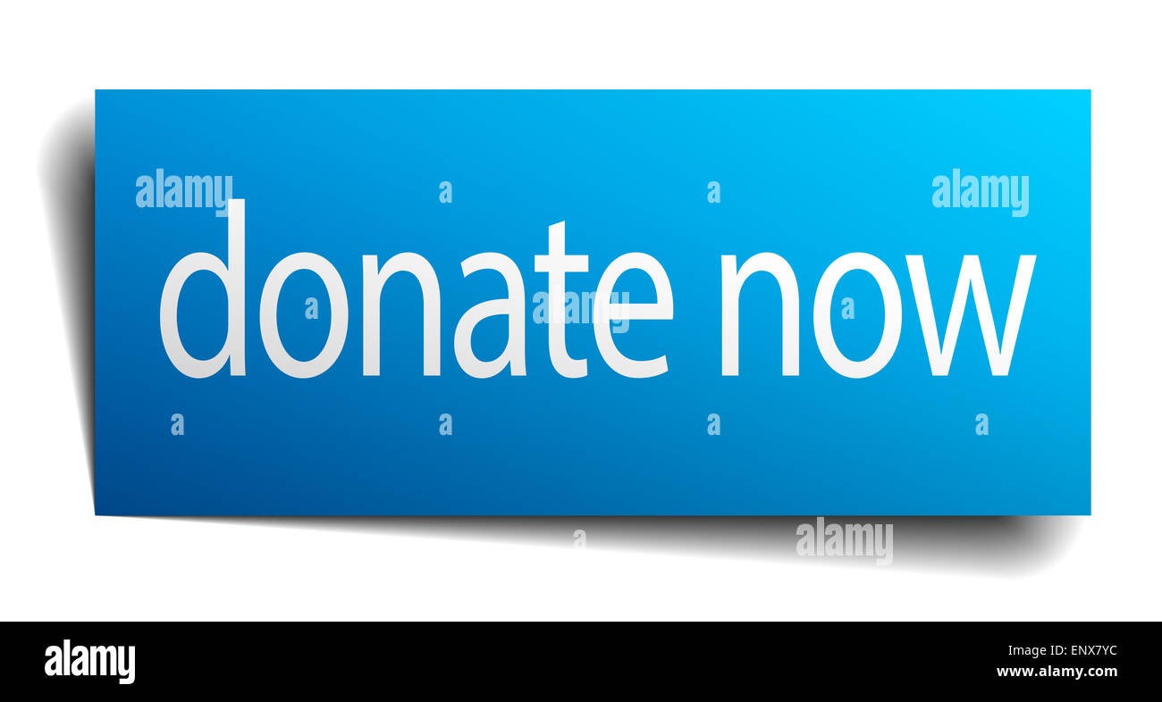 donate now blue paper sign on white background Stock Photo - Alamy