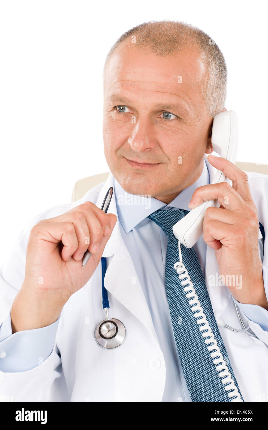 Mature doctor male on phone professional look Stock Photo - Alamy