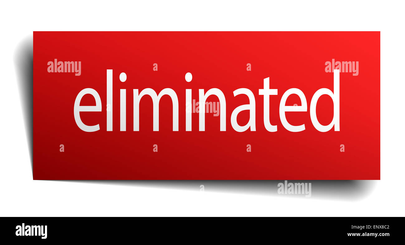 eliminated red square isolated paper sign on white Stock Photo - Alamy