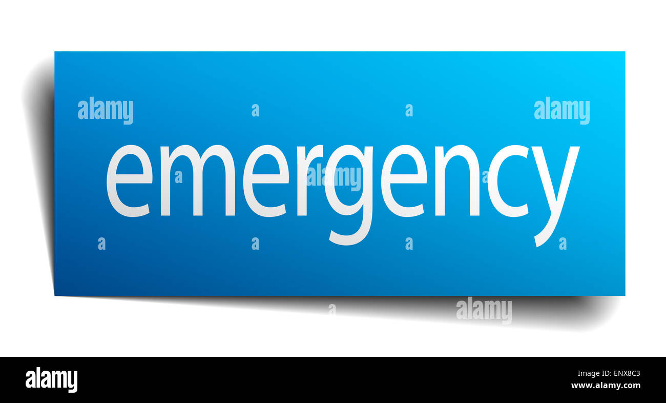 emergency blue paper sign on white background Stock Photo - Alamy
