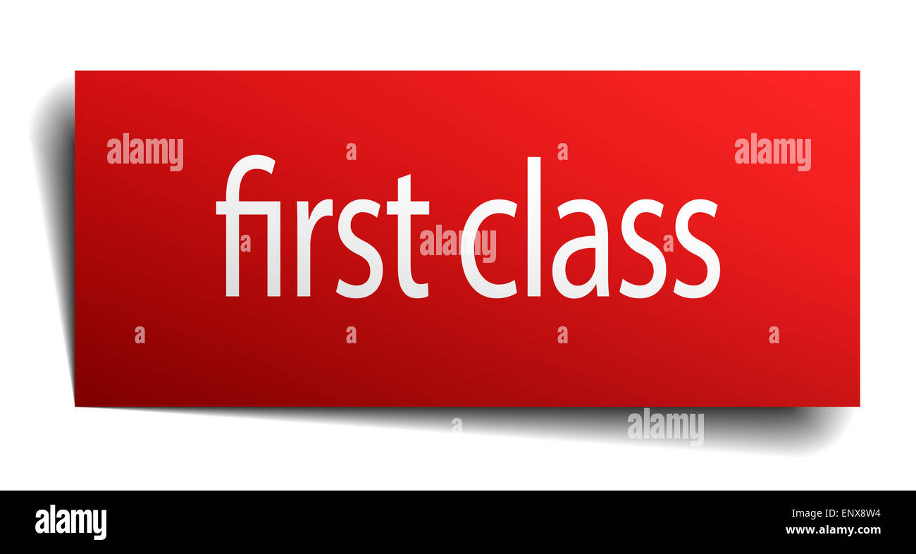 first class red paper sign on white background Stock Photo - Alamy