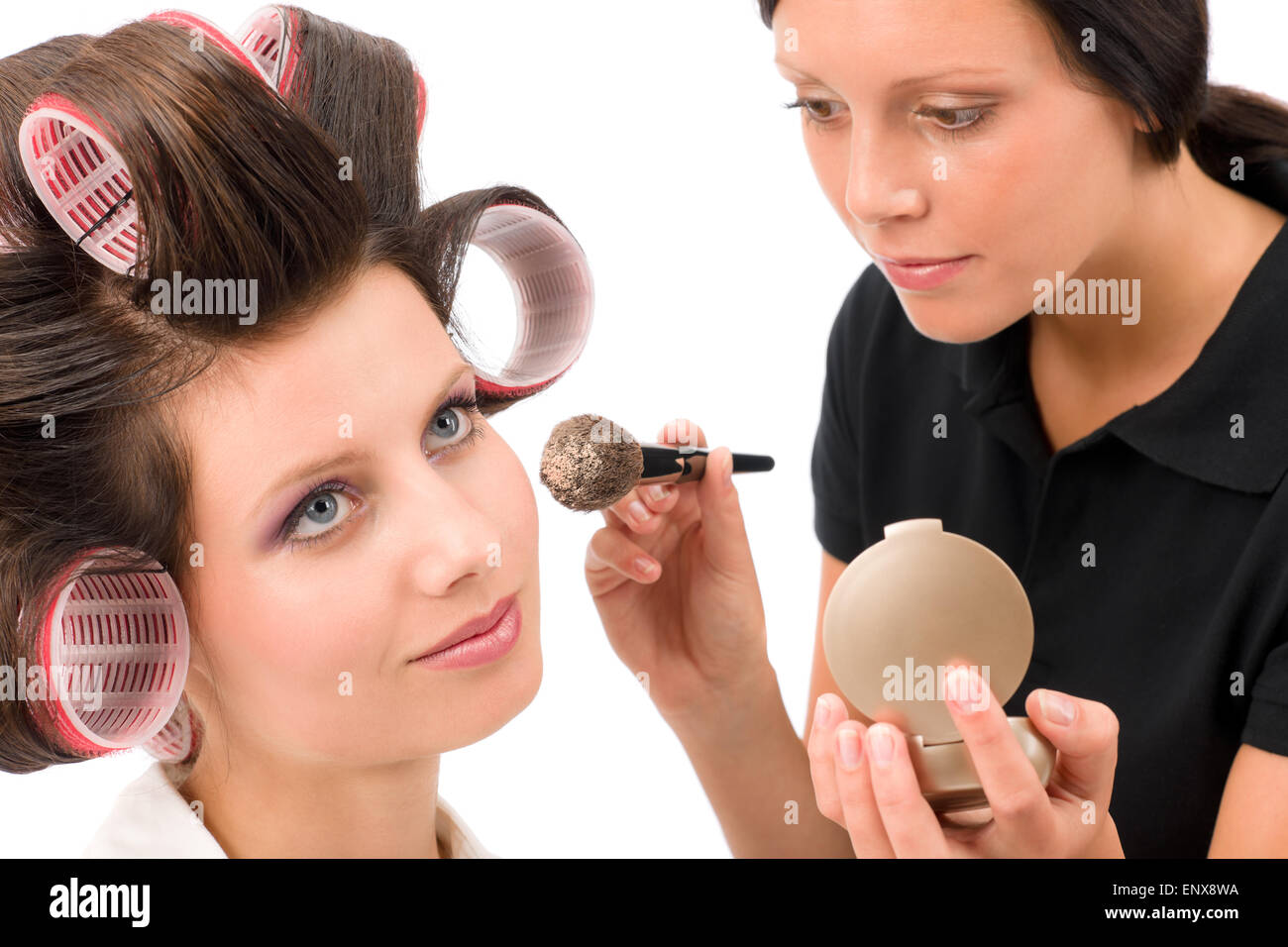 Make-up artist woman fashion model apply powder Stock Photo - Alamy