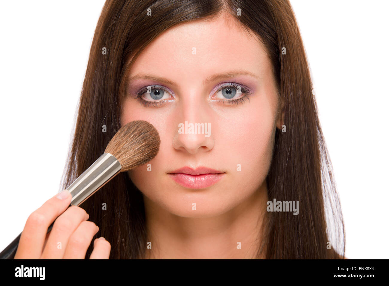 Make-up artist woman fashion model apply powder Stock Photo - Alamy
