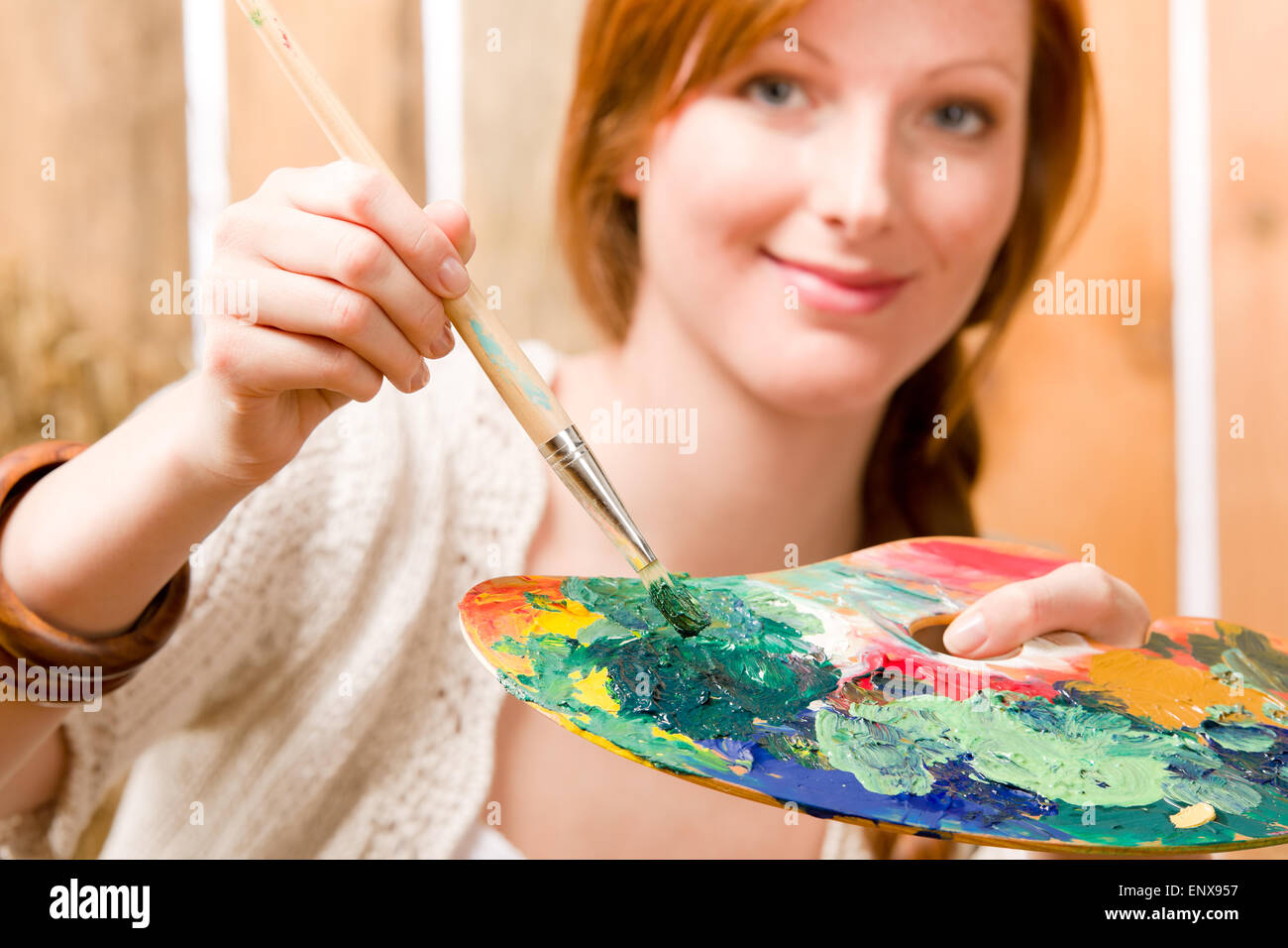 Portrait of color palette young woman background Stock Photo - Alamy
