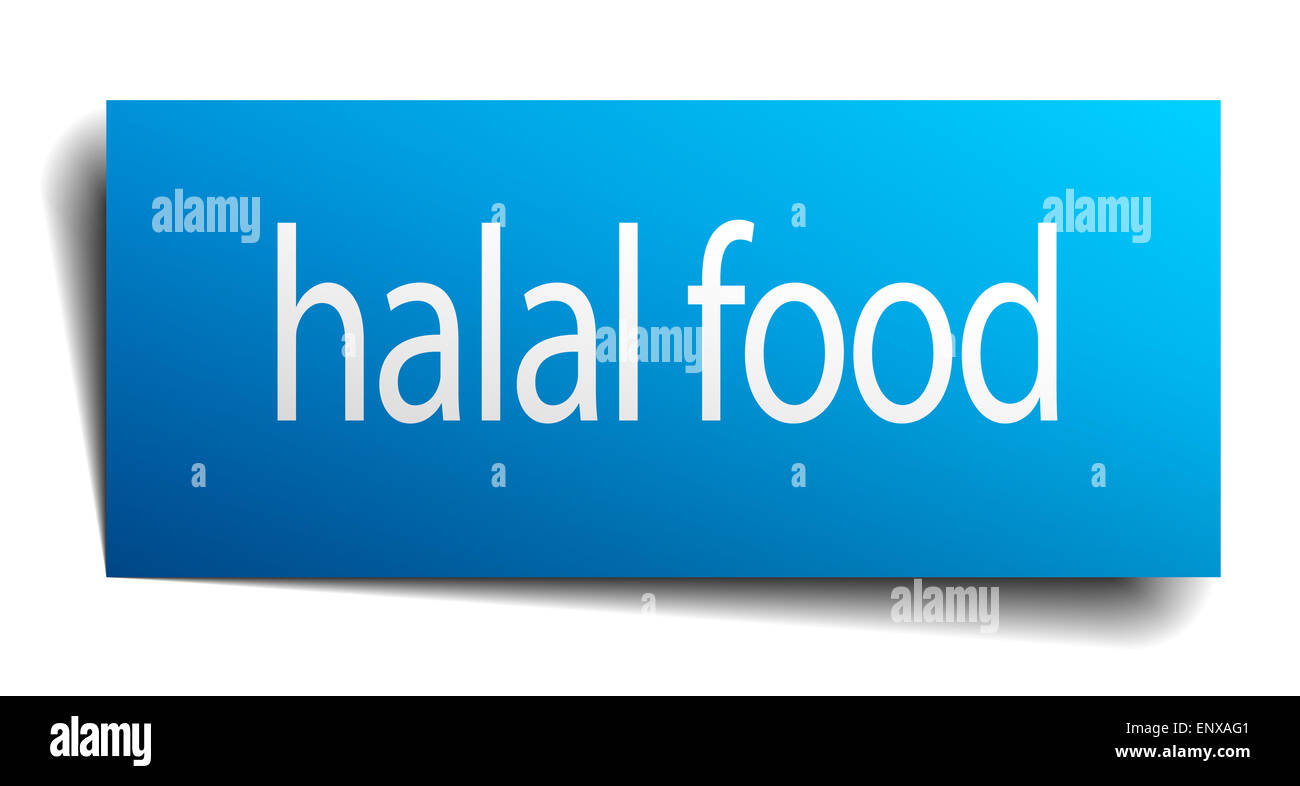 halal food blue paper sign on white background Stock Photo - Alamy
