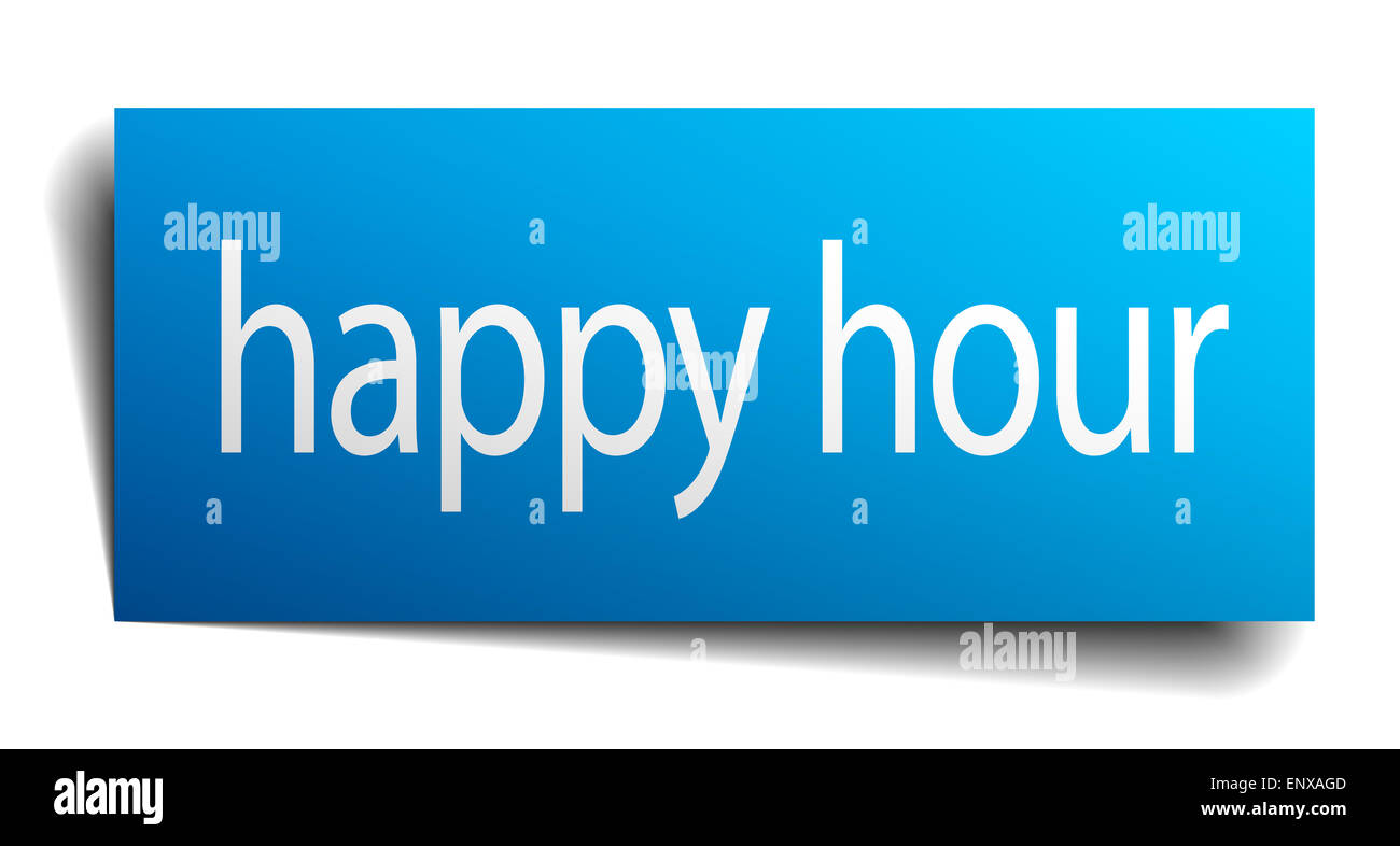 happy hour blue paper sign on white background Stock Photo - Alamy