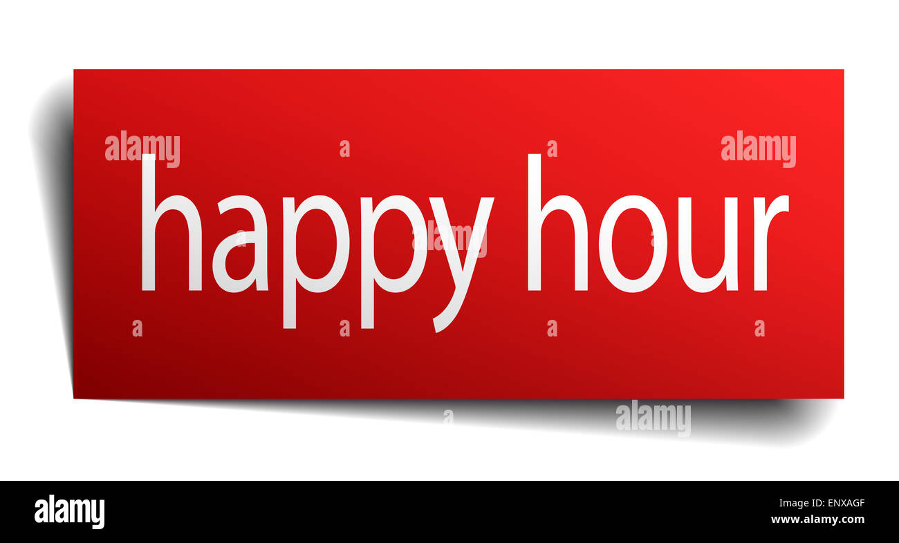 happy hour red square isolated paper sign on white Stock Photo - Alamy