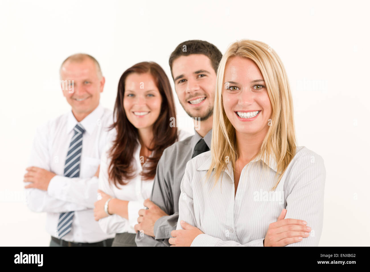Business team happy standing in line portrait Stock Photo - Alamy