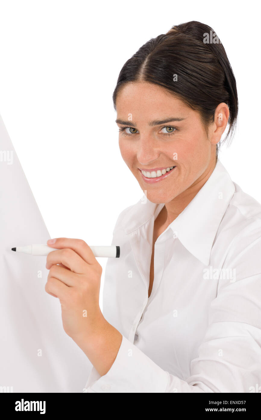 Happy businesswoman writing at empty flip chart Stock Photo - Alamy Happy businesswoman writing at empty flip chart Stock Photo - Alamy
