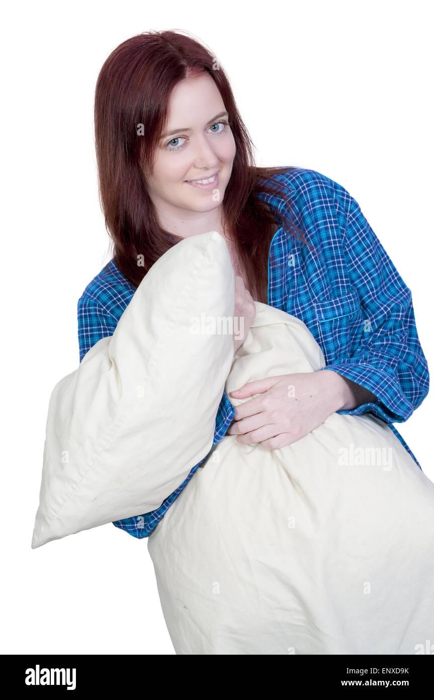 Woman Hugging Pillow Stock Photo - Alamy