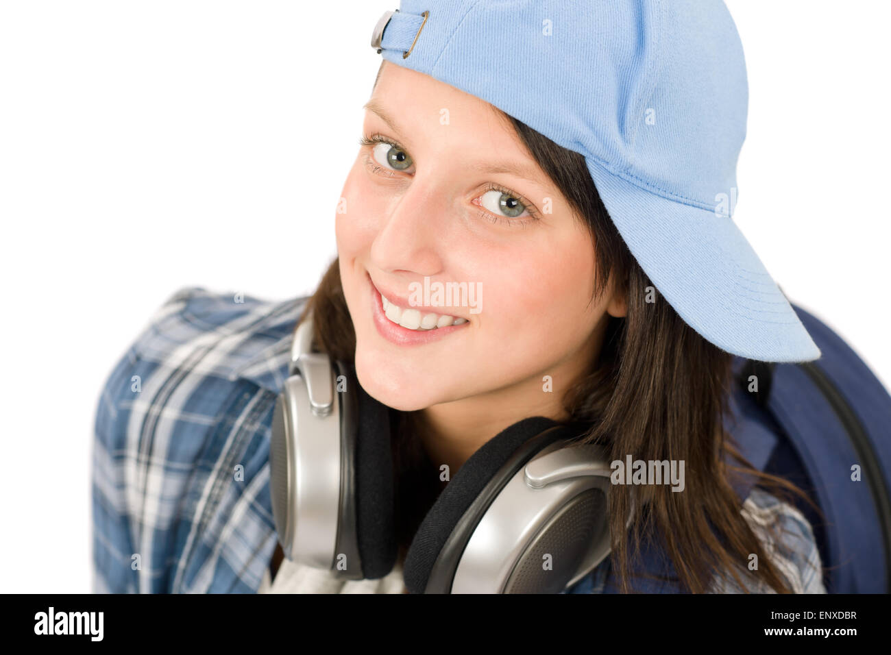Smiling teenager girl enjoy music with headphones Stock Photo - Alamy