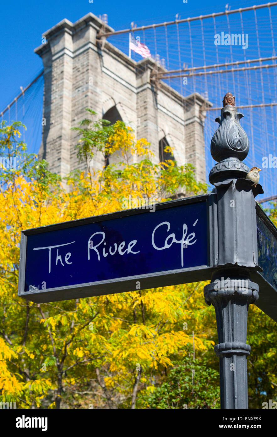 USA, New York State, New York City, NYC, Brooklyn Bridge Park, signpost ...