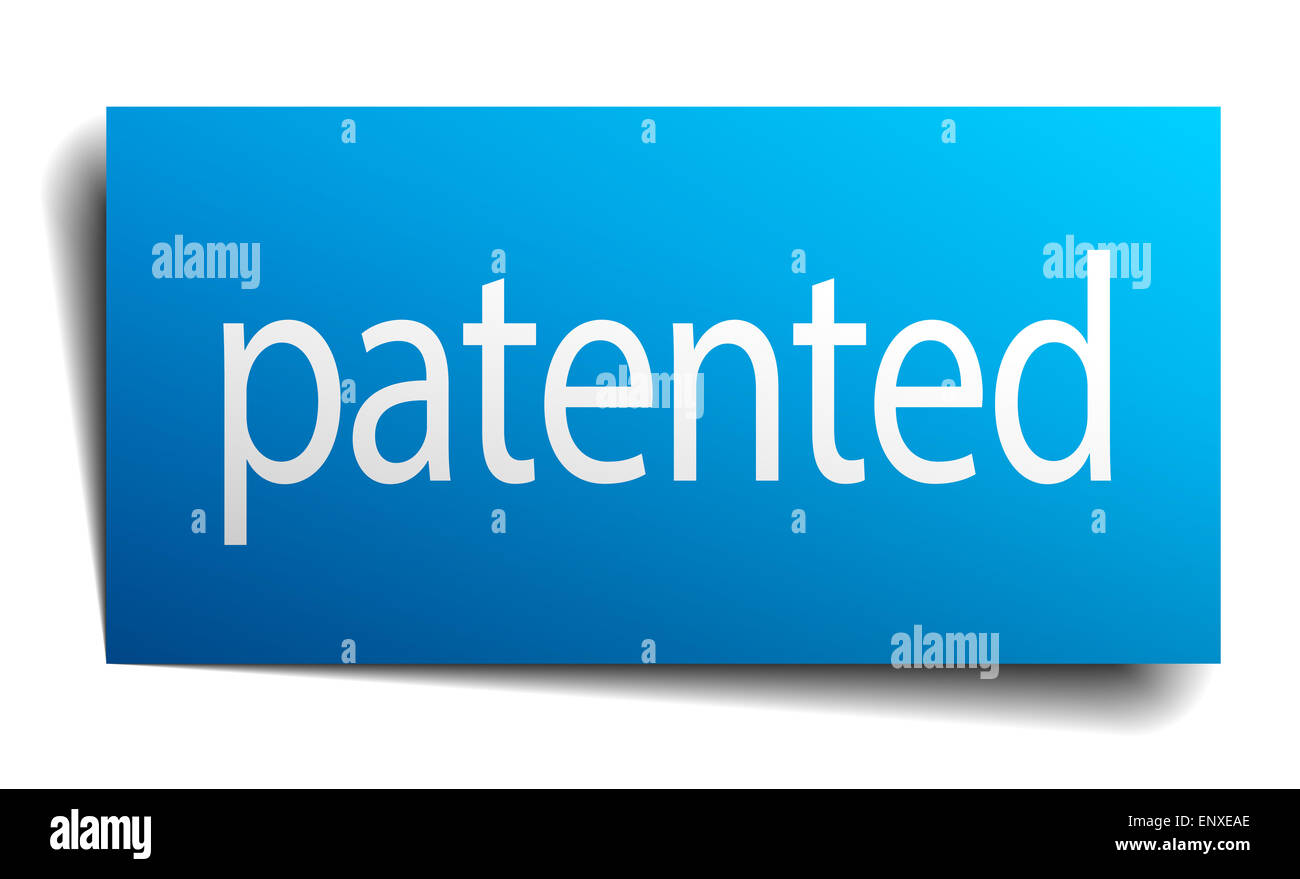 patented blue paper sign on white background Stock Photo - Alamy