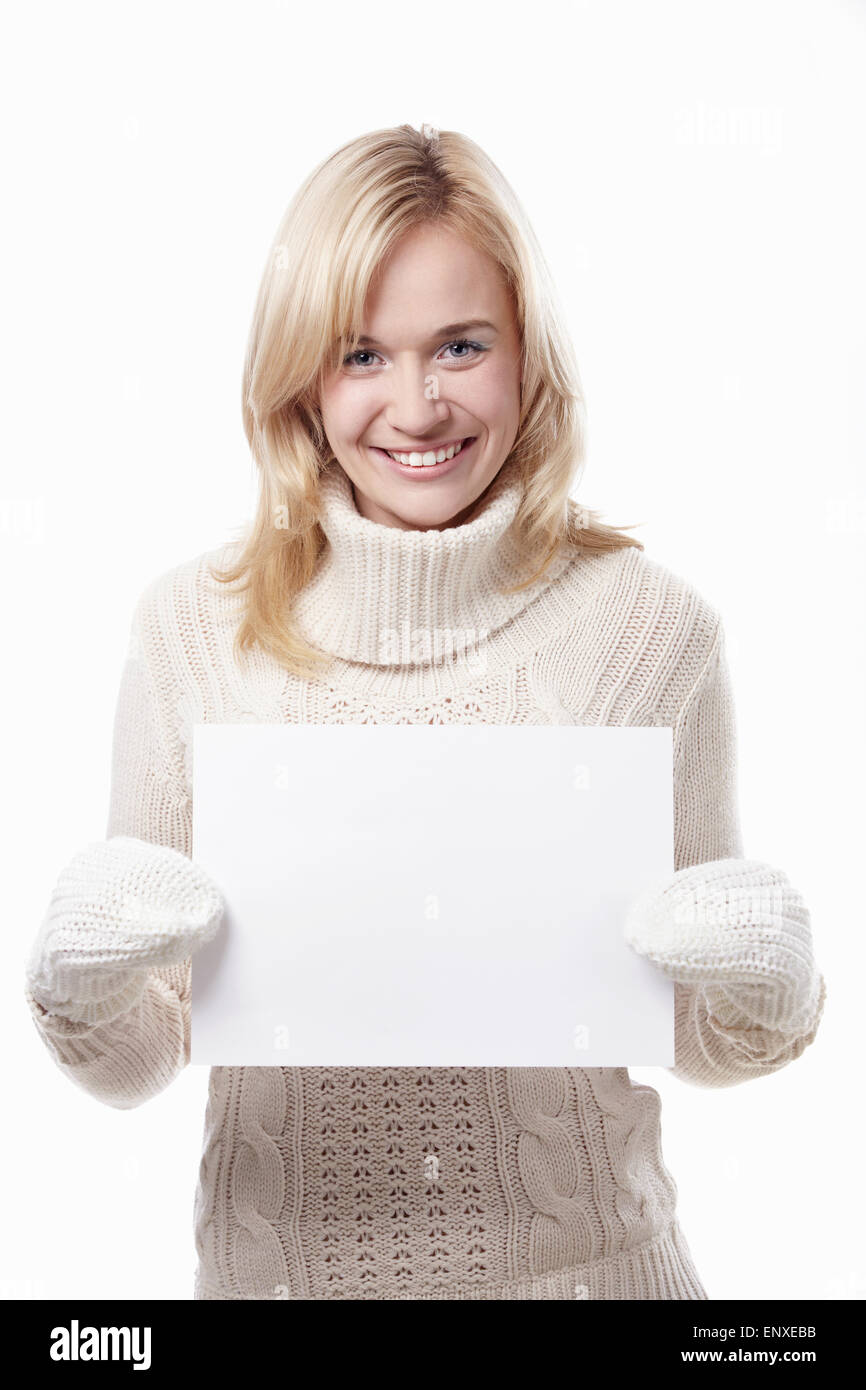 Attractive woman holding a blank white plate isolated Stock Photo - Alamy