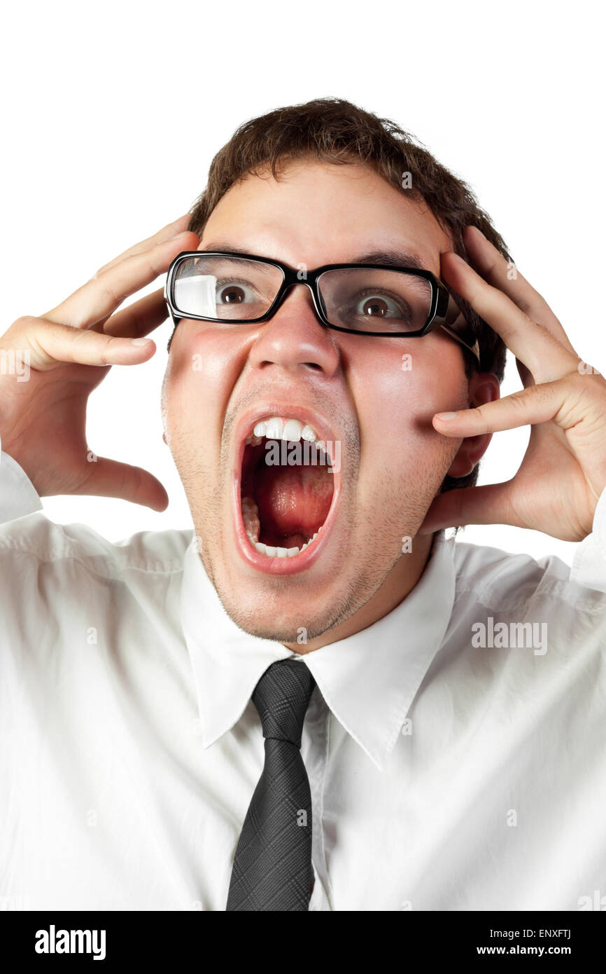 office worker in glasses mad by stress screaming Stock Photo - Alamy
