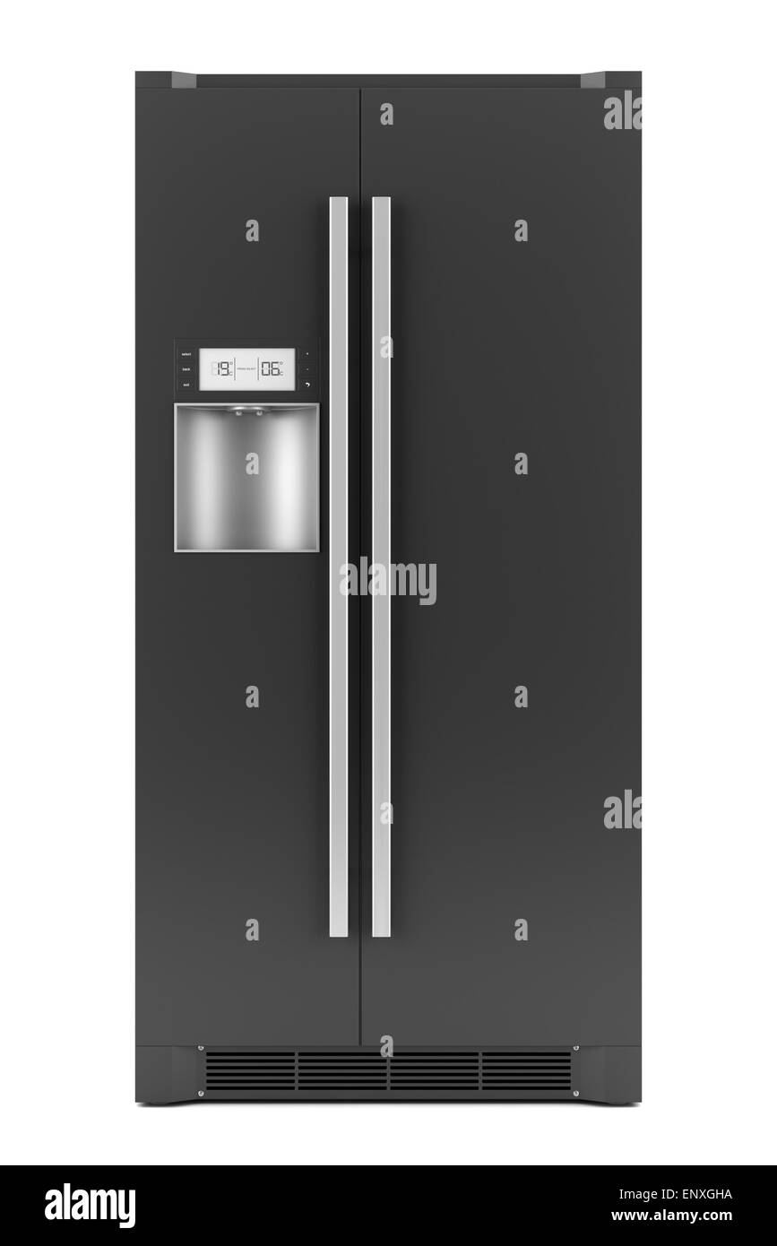 single modern black refrigerator isolated on white Stock Photo - Alamy