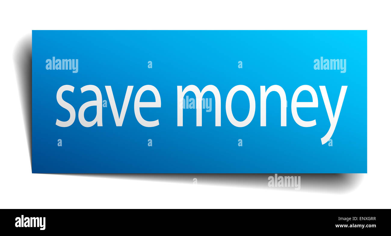save money blue paper sign on white background Stock Photo - Alamy