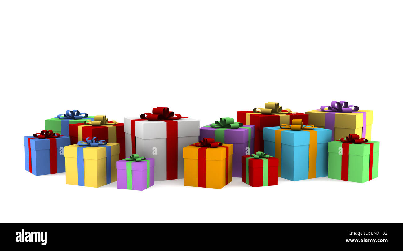 many color gift boxes isolated on white background Stock Photo - Alamy