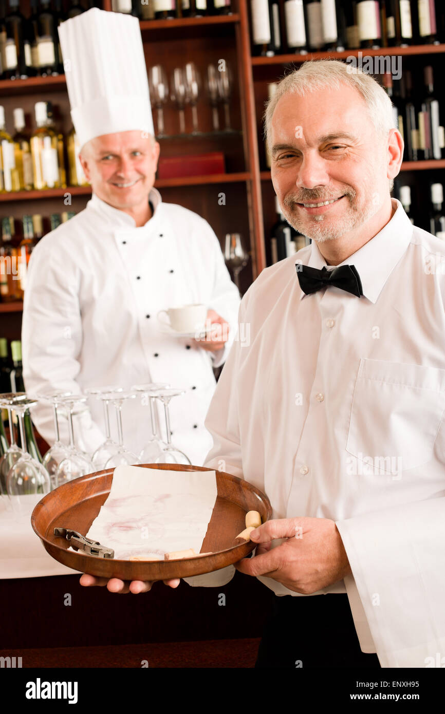 Chef cook drink coffee waiter tray restaurant Stock Photo - Alamy