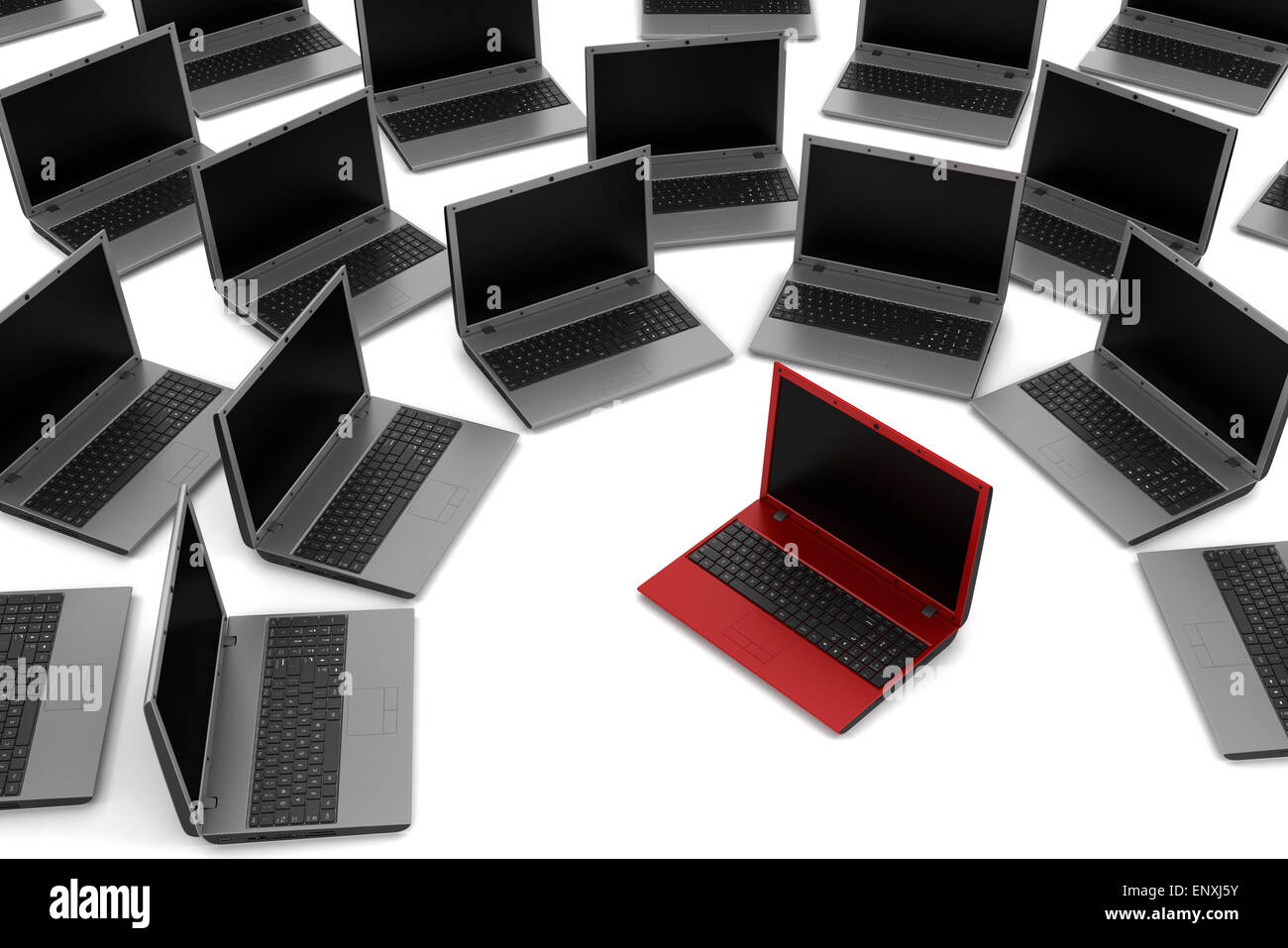 red laptop among gray similar isolated on white Stock Photo - Alamy
