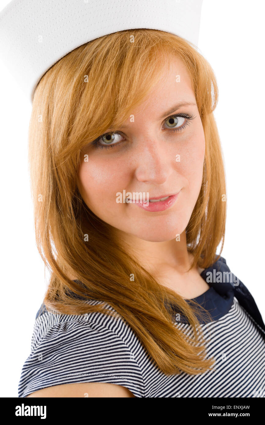 Young marine woman fashion portrait sailor hat Stock Photo - Alamy