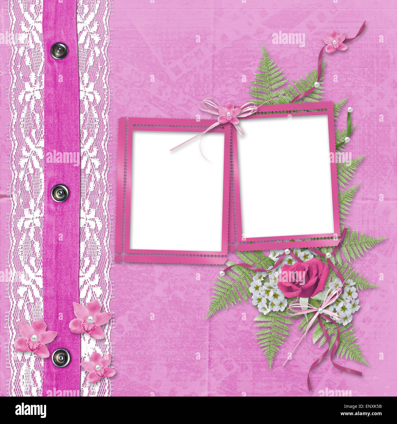 Pink album for photos with jeans, lace and orchid Stock Photo - Alamy