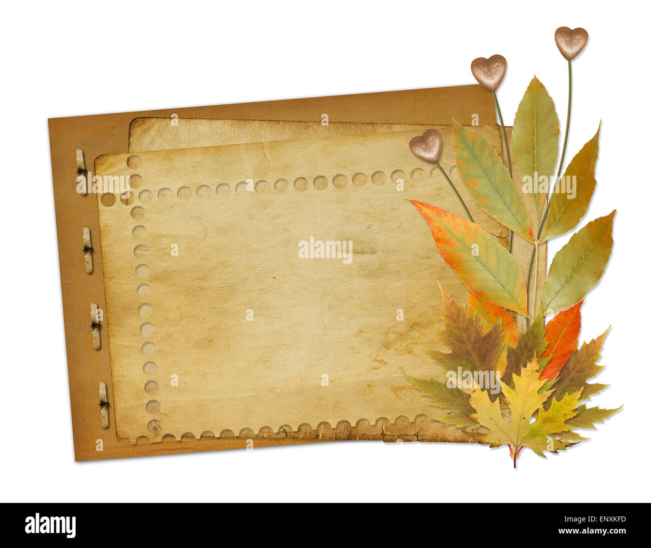 Grunge papers design in scrapbooking style with foliage and hearts ...