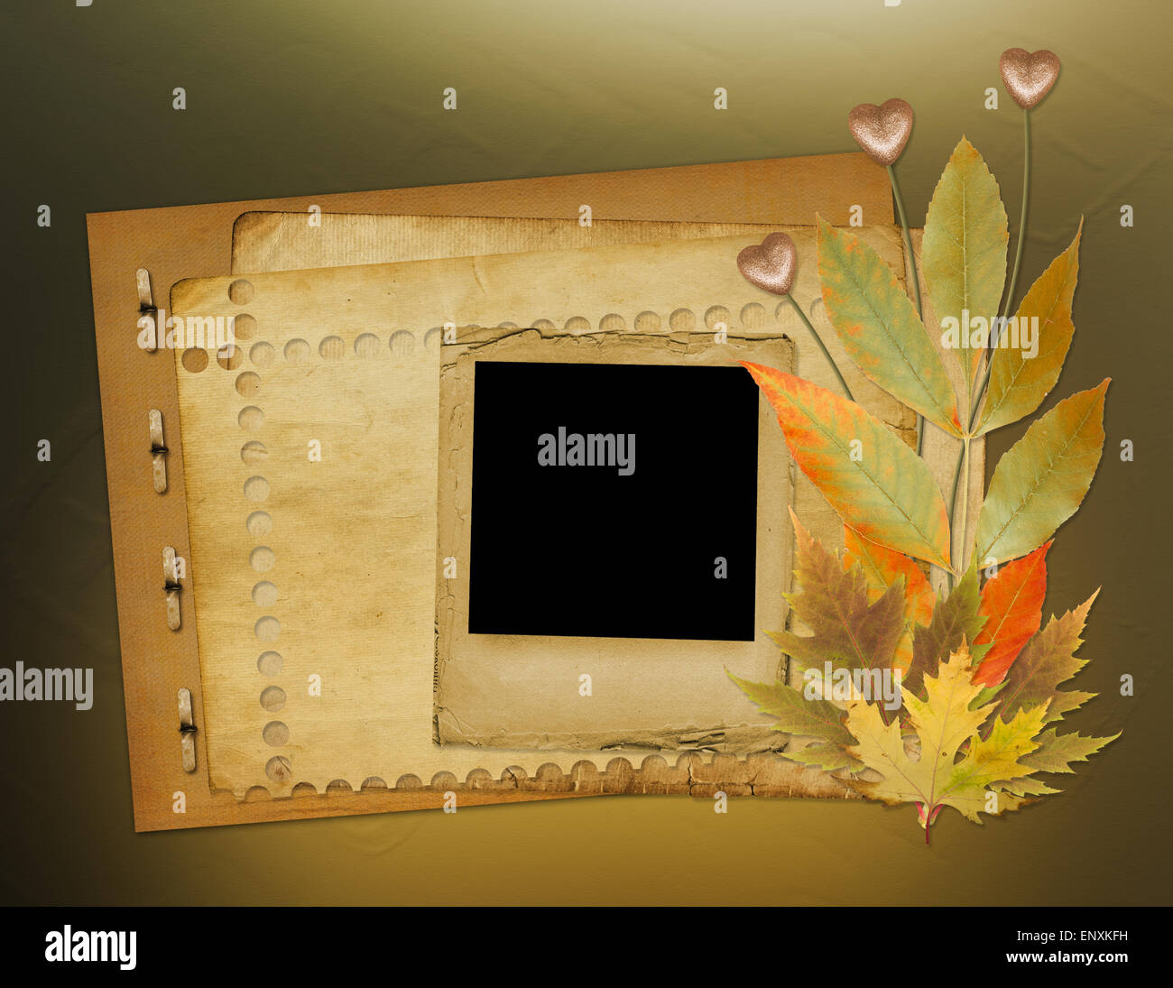 Grunge papers design in scrapbooking style with foliage and hearts ...