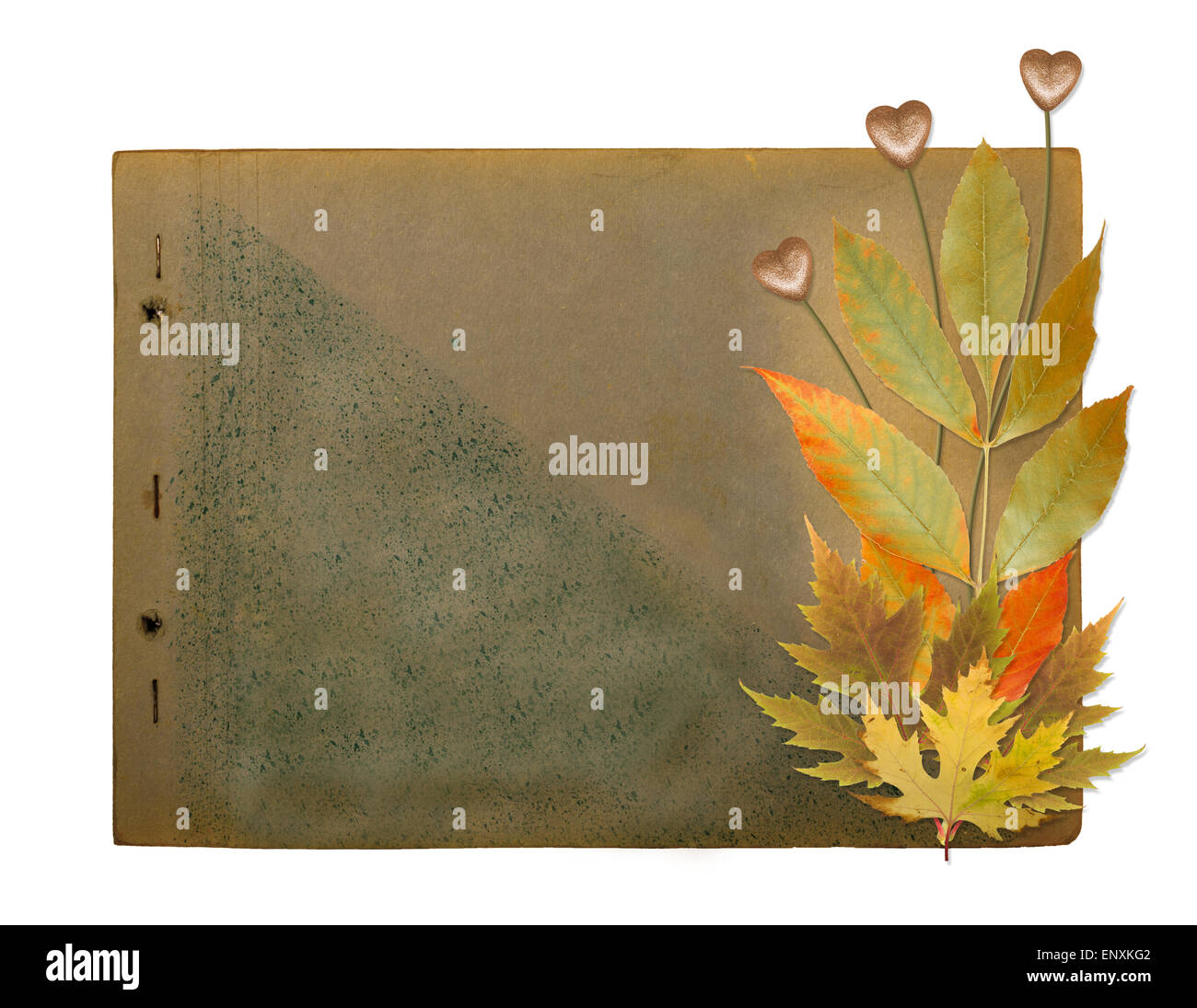 Grunge papers design in scrapbooking style with foliage and hearts ...