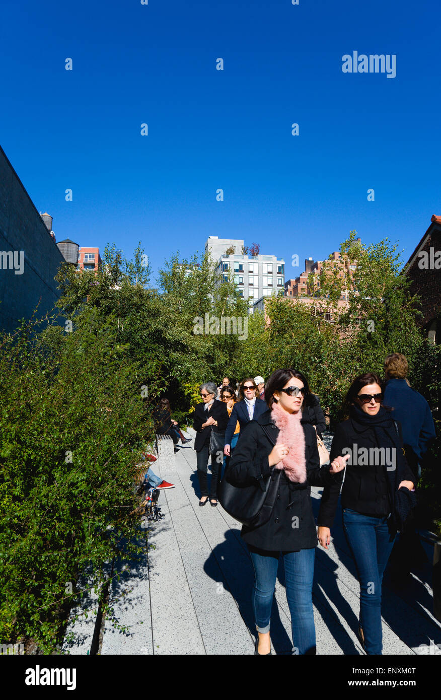 USA, New York, Manhattan, people walking beside small trees in the ...