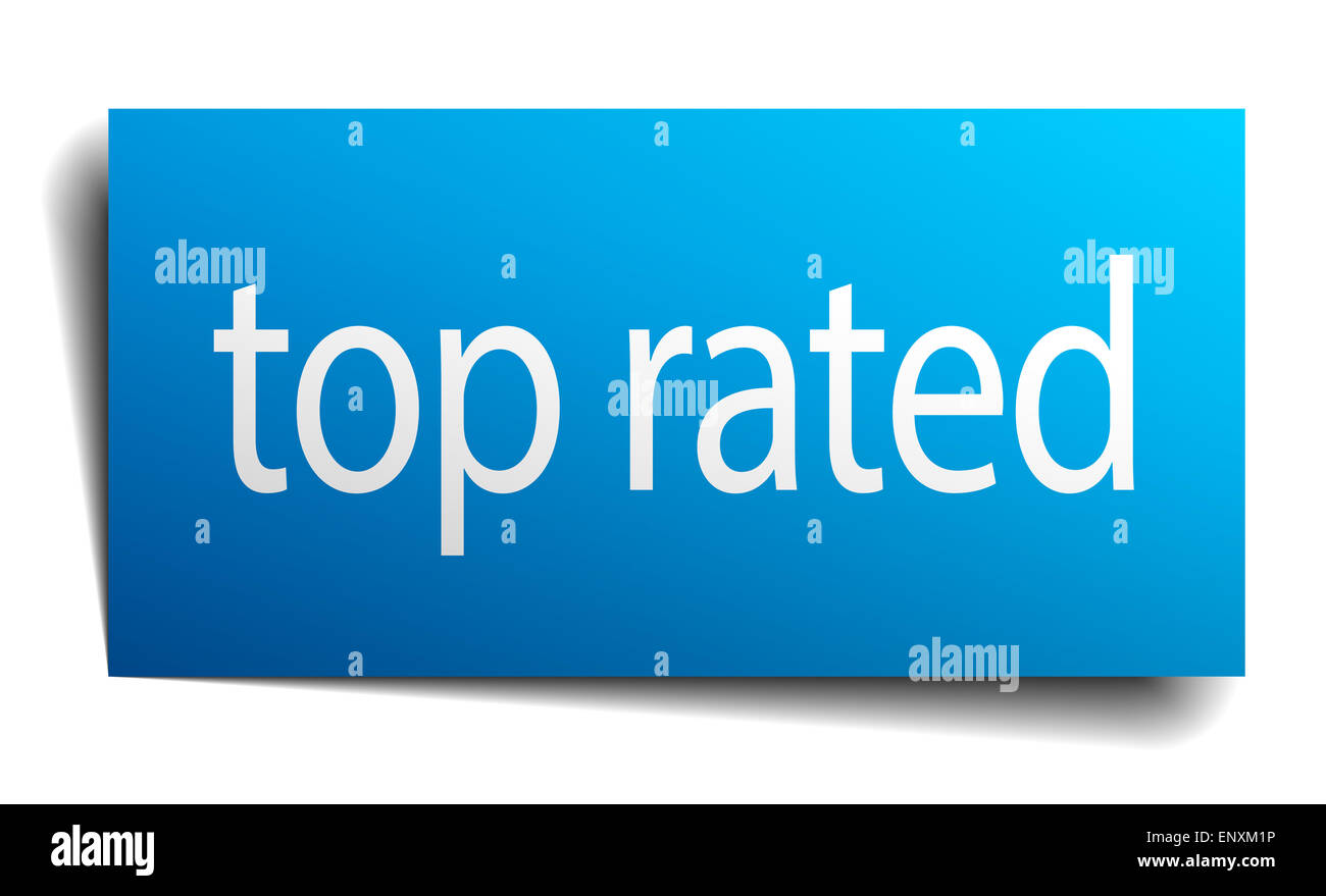top rated blue paper sign isolated on white Stock Photo - Alamy