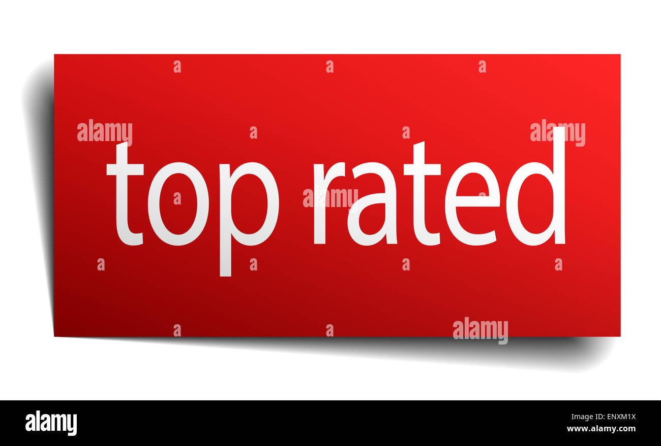 top rated red paper sign on white background Stock Photo - Alamy
