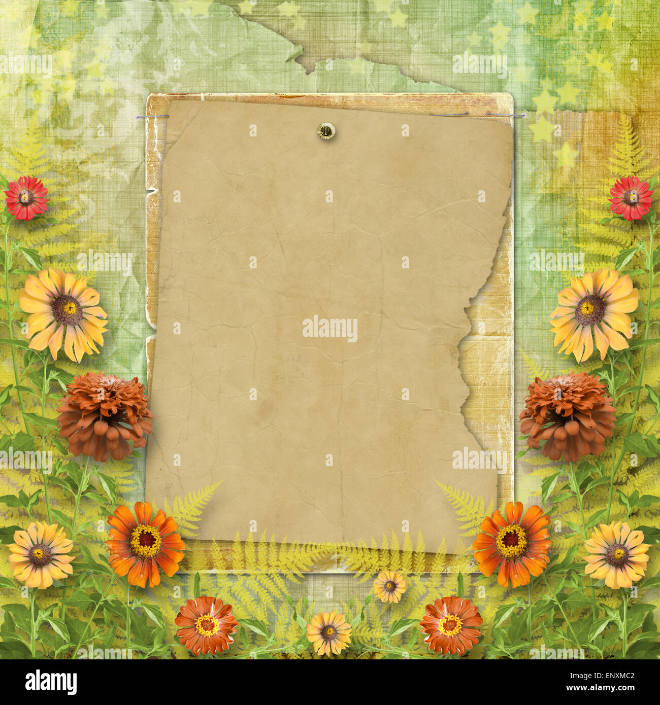 multicoloured card for greetings or invitations with bunch of flowers ...