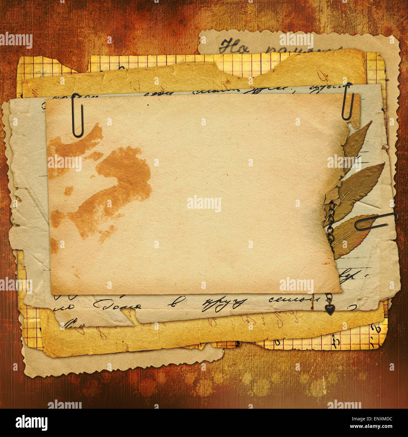 Abstract ancient brown background with set old paper in scrapbooking ...