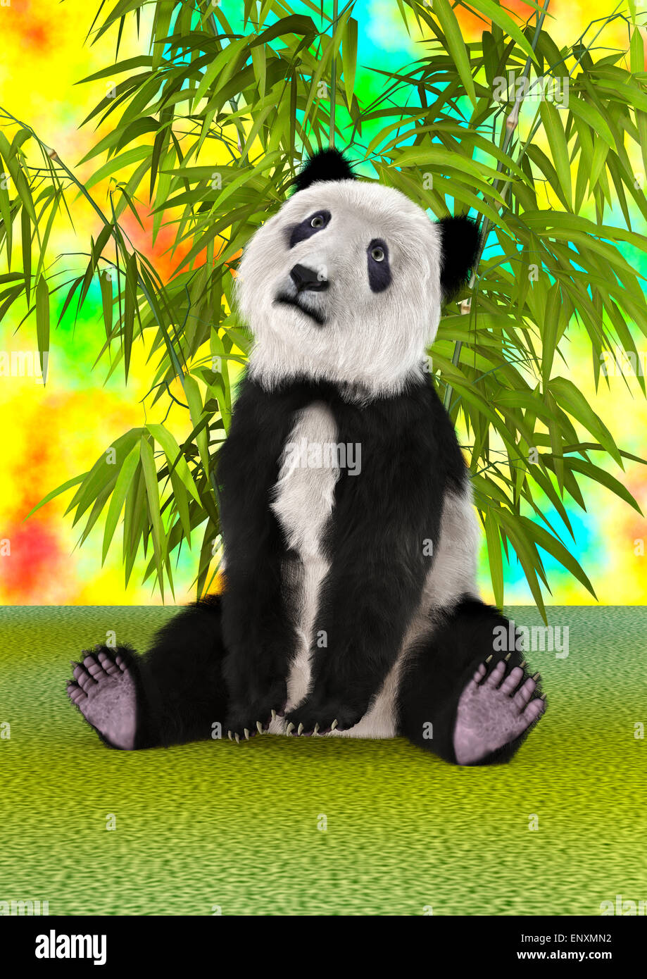 3D digital render of a panda bear and green bamboo plants on a colorful ...