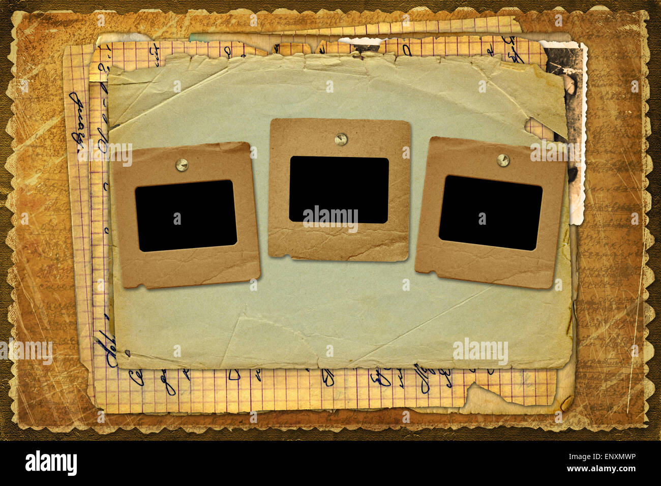 Old archive with letters, photos on the abstract grunge background ...