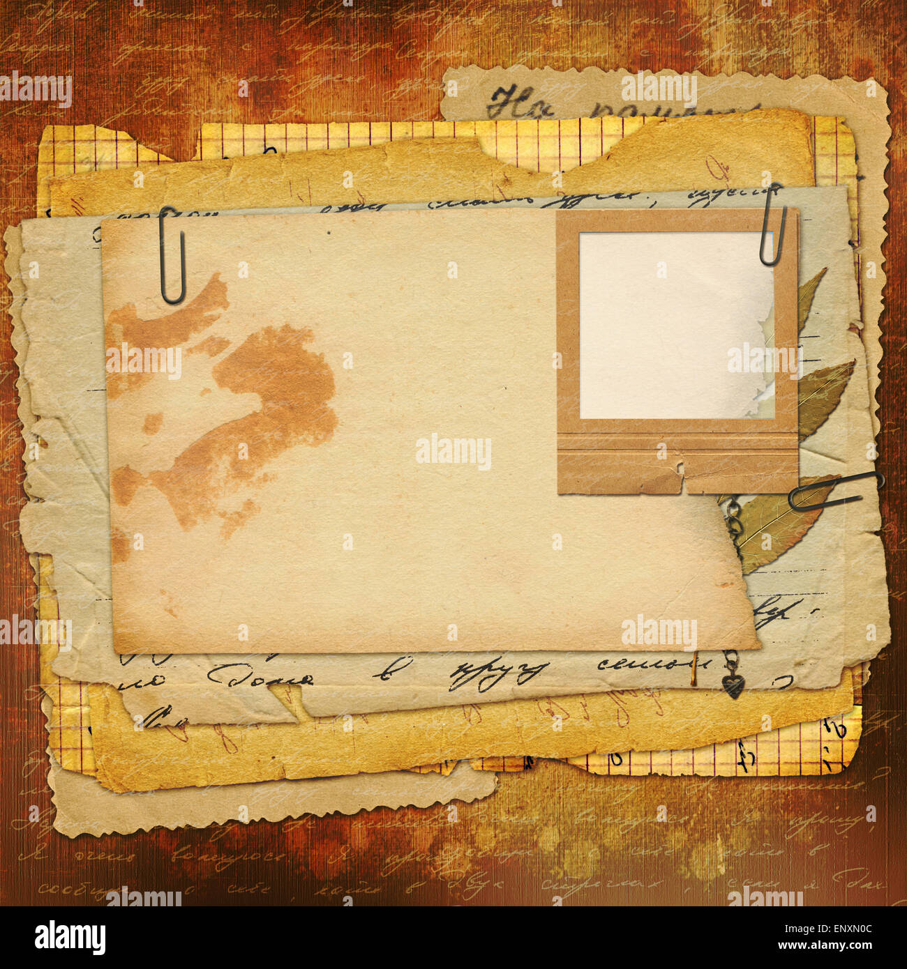 Abstract ancient brown background with set old paper in scrapbooking ...