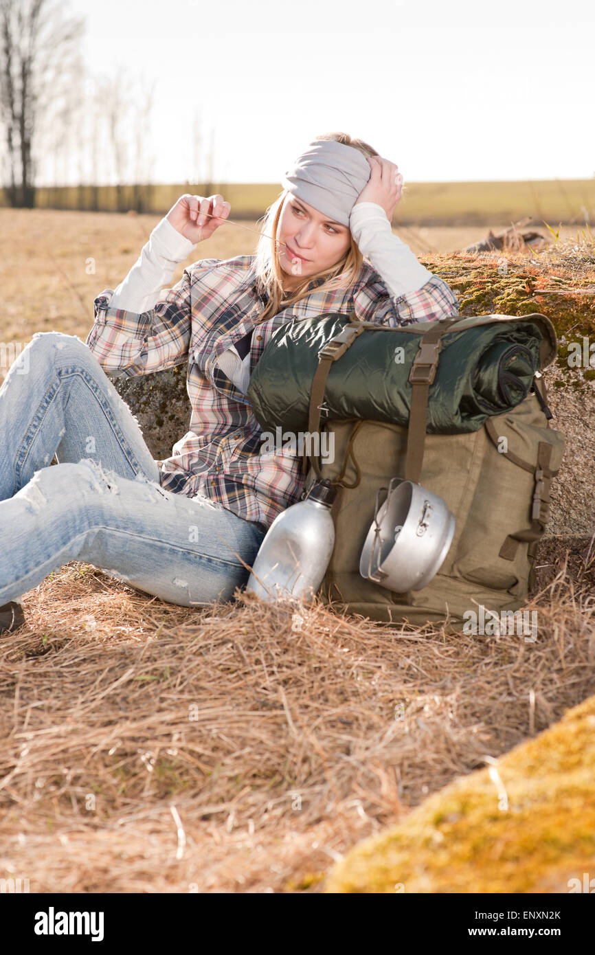 Camping young woman in countryside backpack relax Stock Photo - Alamy